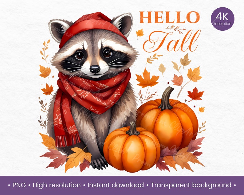 Hello Fall - Cute Raccoon With Pumpkins and Autumn Leaves PNG Clipart ...