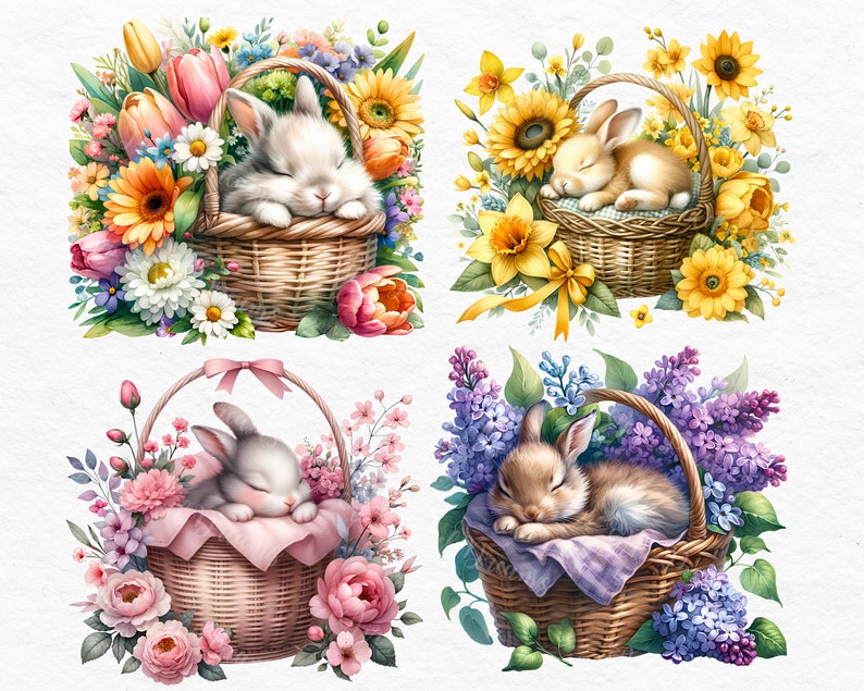 Spring Bunny in a Basket Clipart Bundle, 16 Png, Seasonal Clipart ...
