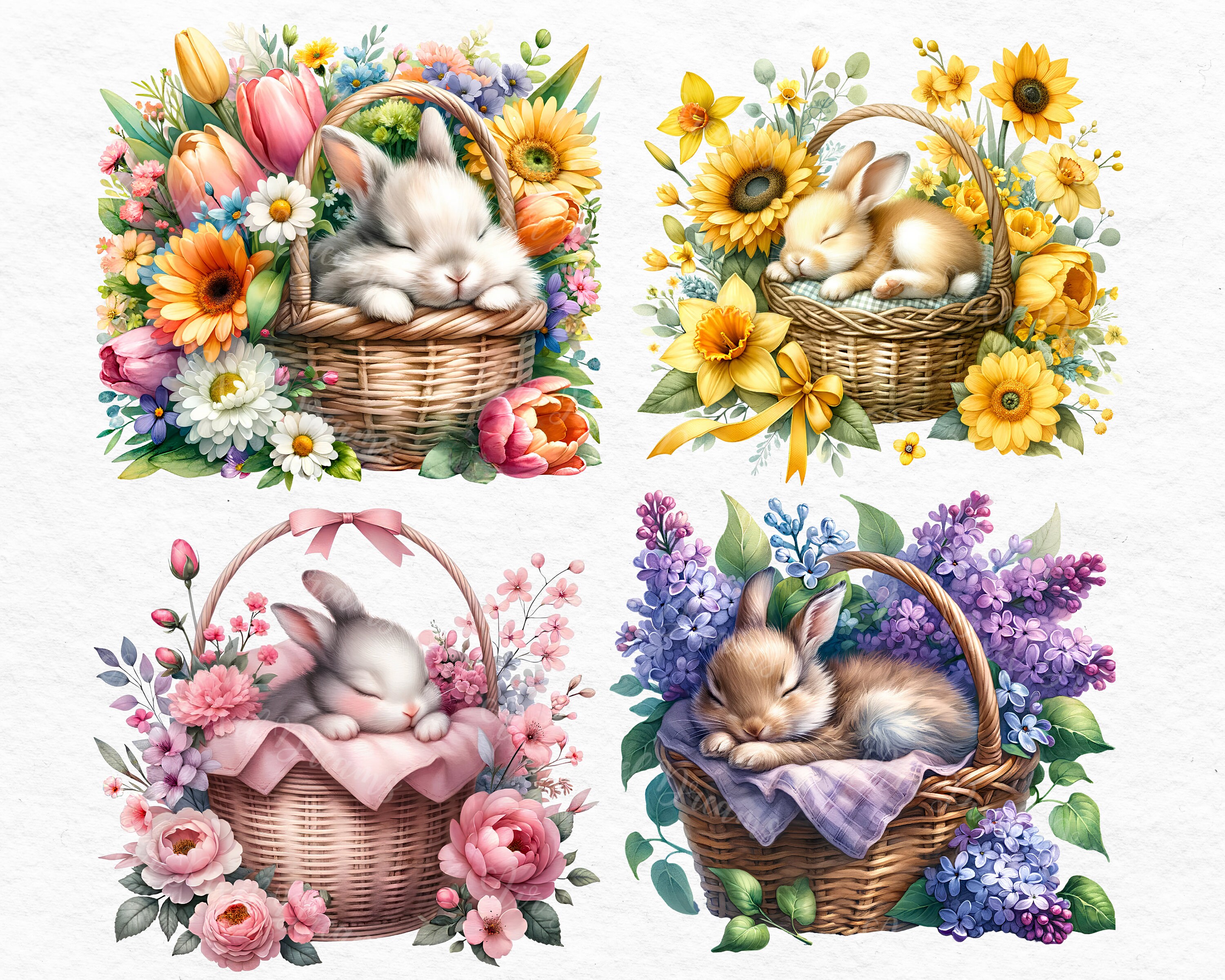 Spring Bunny in a Basket Clipart Bundle, 16 Png, Seasonal Clipart ...