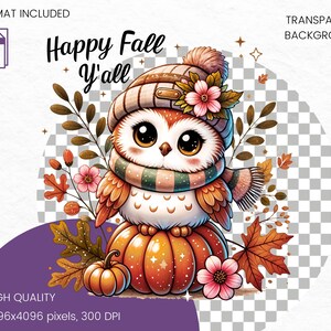 Happy Fall Y'all Cute Owl PNG Watercolor Owl Clipart Autumn Bird Fall ...