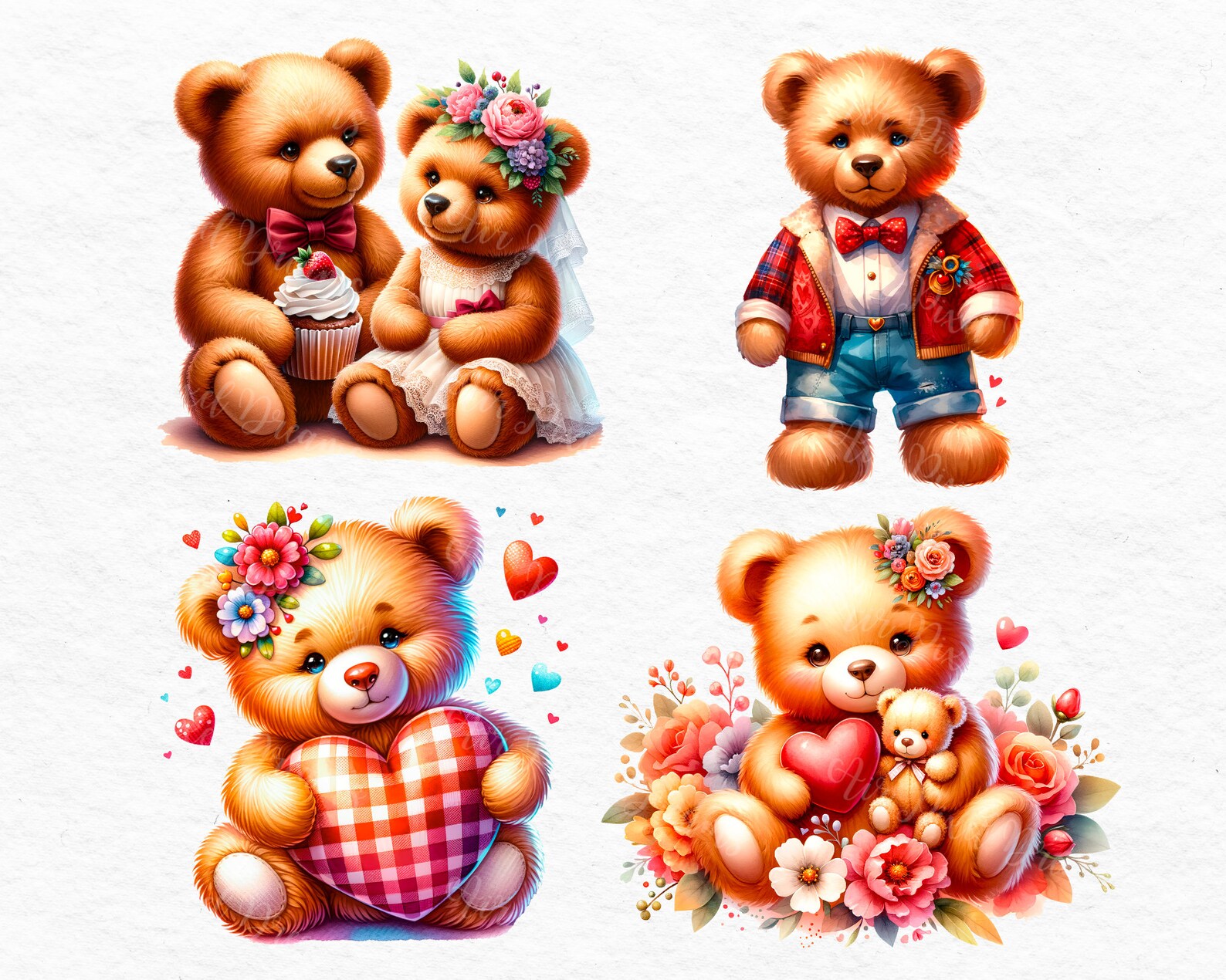 Watercolor Teddy Bear Clipart 15 PNG Valentines Day Clipart, Valentines ...