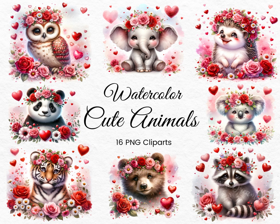 Watercolor Cute Animals Clipart Collection, 16 PNG, Romantic Style ...