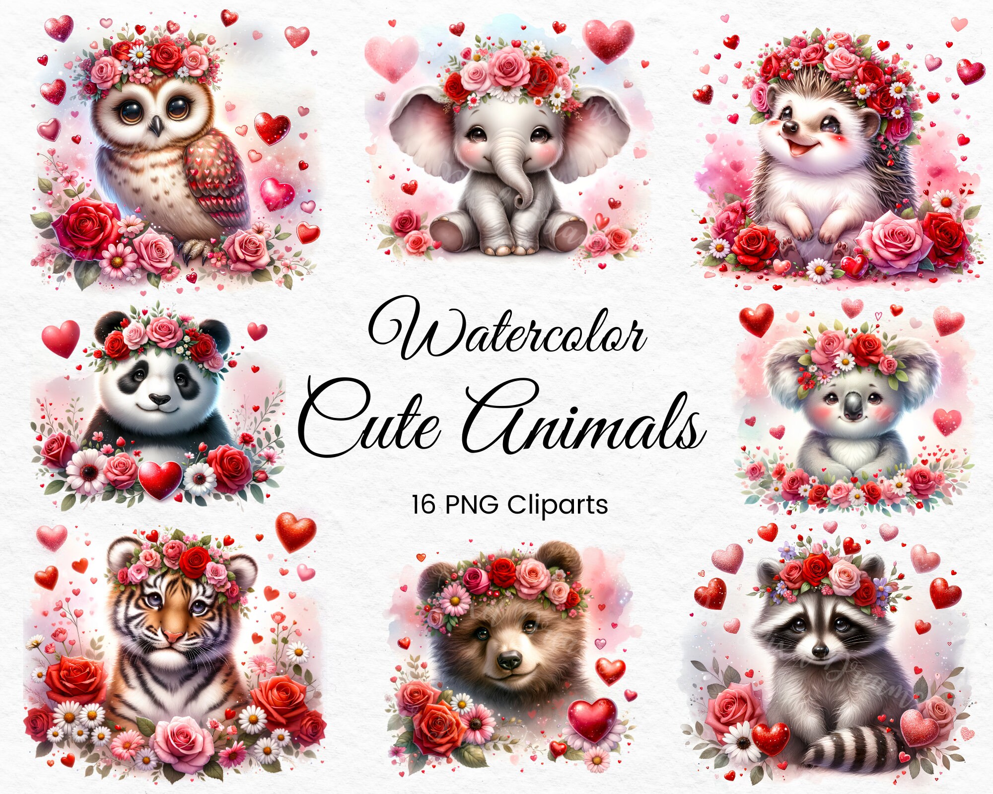 Watercolor Cute Animals Clipart Collection, 16 PNG, Romantic Style ...