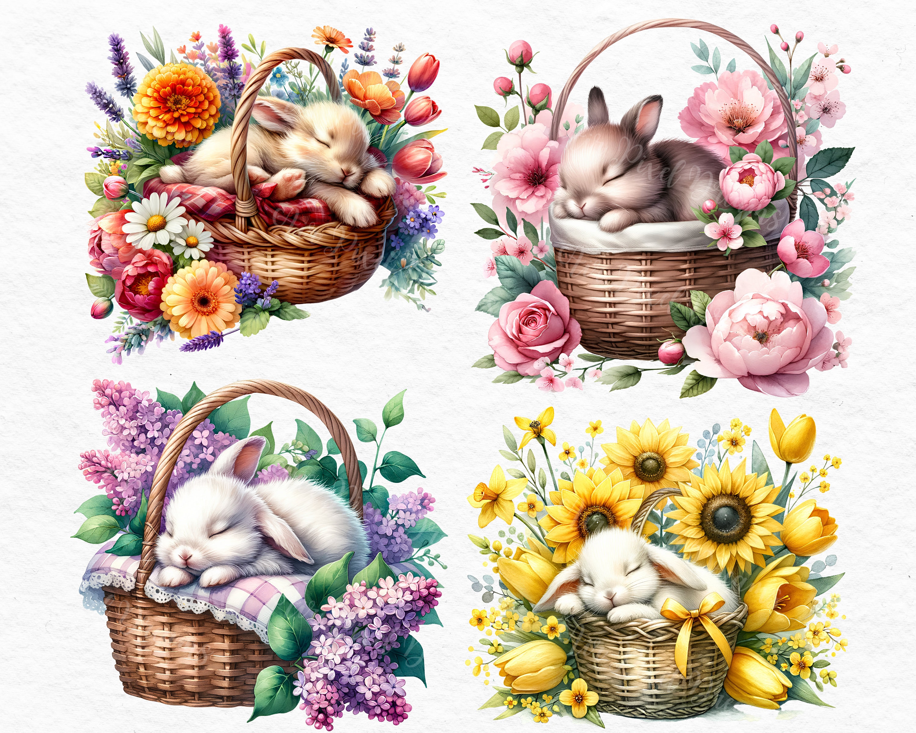 Spring Bunny in a Basket Clipart Bundle, 16 Png, Seasonal Clipart ...