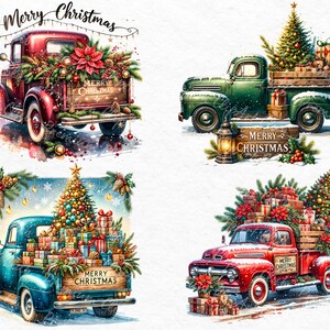 Vintage Christmas Trucks Clipart Bundle Watercolor Farm Trucks With ...