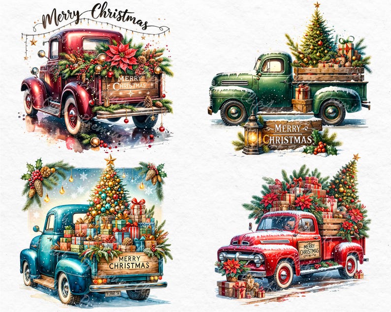 Vintage Christmas Trucks Clipart Bundle Watercolor Farm Trucks With ...