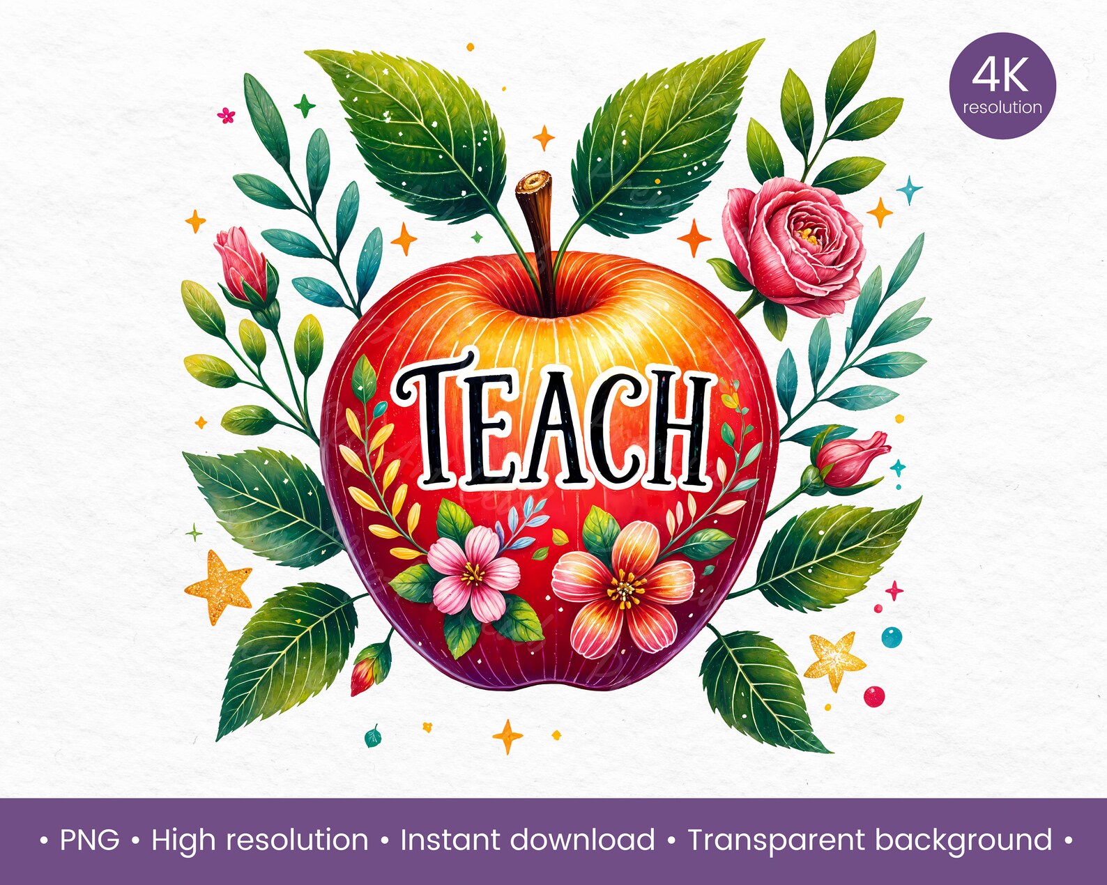 Teacher Apple Clipart Teach Png Teacher Graphics Sublimation Design ...