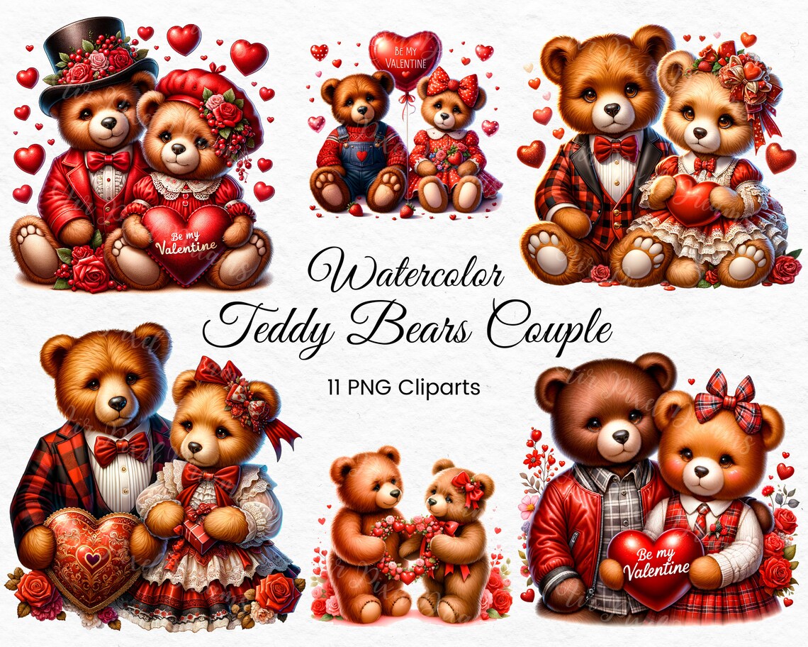 Watercolor Teddy Bears Couple Clipart 11 PNG Valentines Day Clipart ...