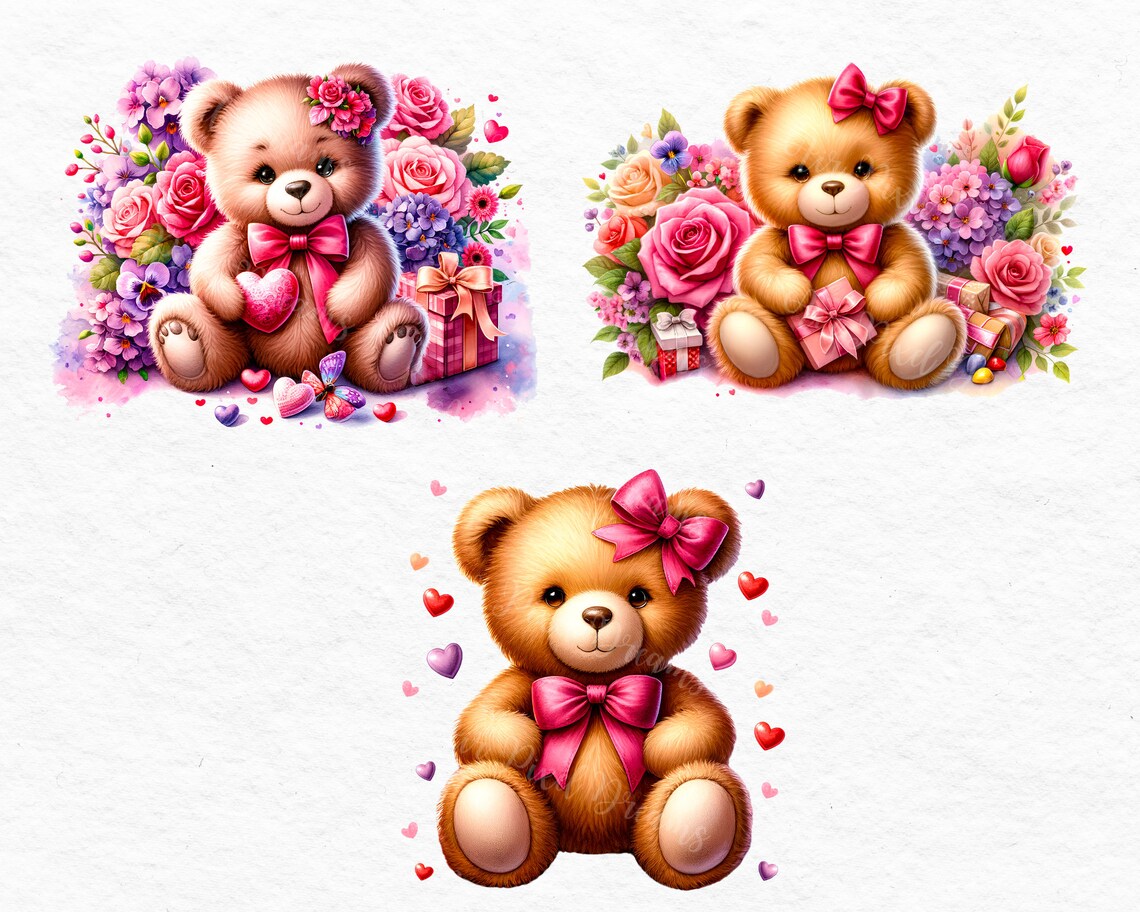 Watercolor Valentines Teddy Bear Clipart 15 PNG Valentines Day Clipart ...