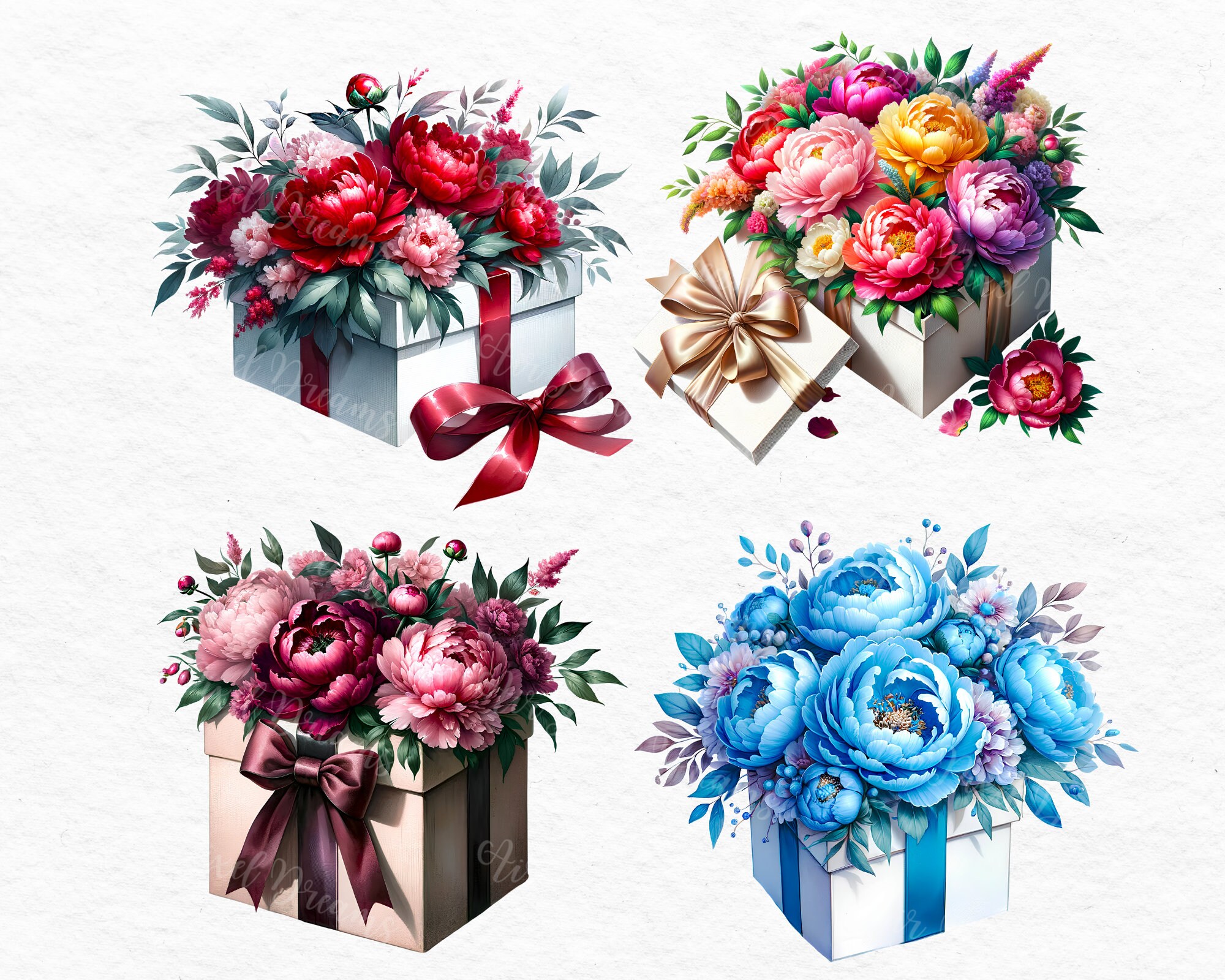 Watercolor Peonies Gift Box Clipart Collection, 22 PNG Files,floral ...