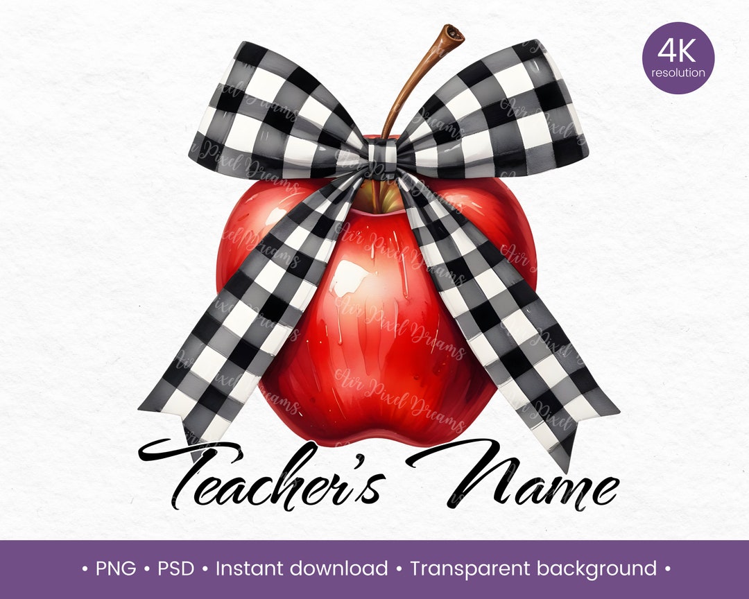 Teacher Apple Checkered Bow, Trendy Teacher Png, Coquette Bow Teacher ...