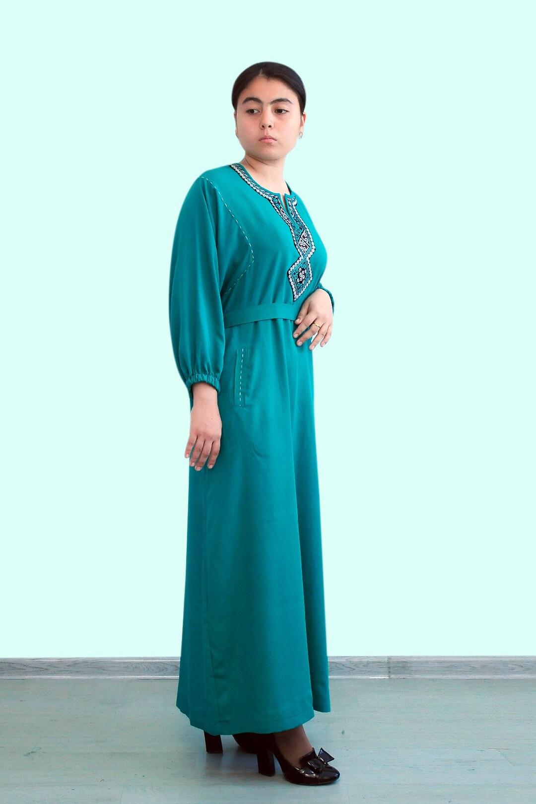 Linen Dress With Embroidered Collar, Summer Dress, Dropped Shoulders ...