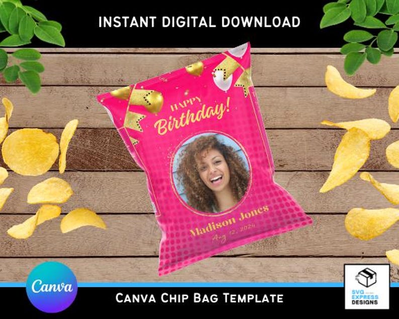 Hot Pink Chip Bag Template, Party Decorations With White and Gold ...