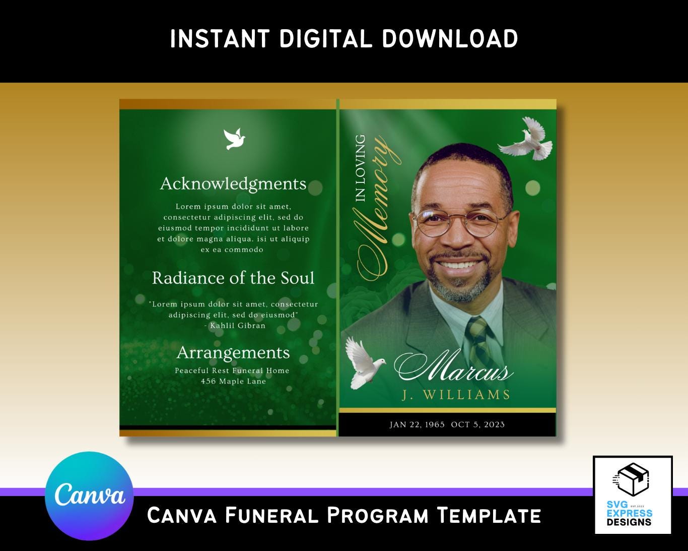 Emerald Green Canva Funeral Program Template - Classic Green Roses Bi ...