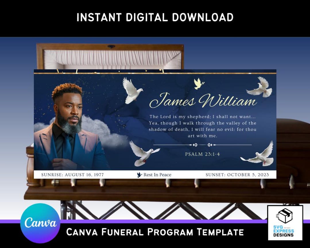 Navy Blue and Gold Roses Funeral Casket Panel Canva Template | 31x14 in ...