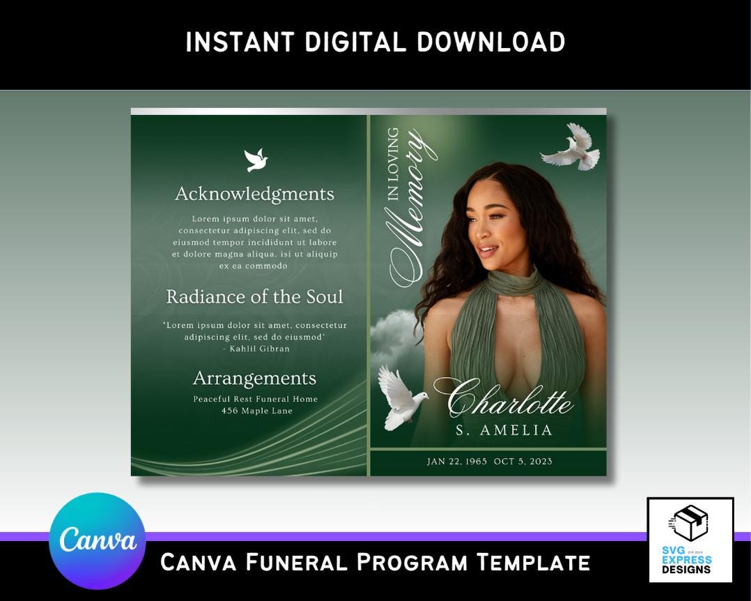 Dark Green and Silver Canva Funeral Program Template – Elegant Bi-fold ...