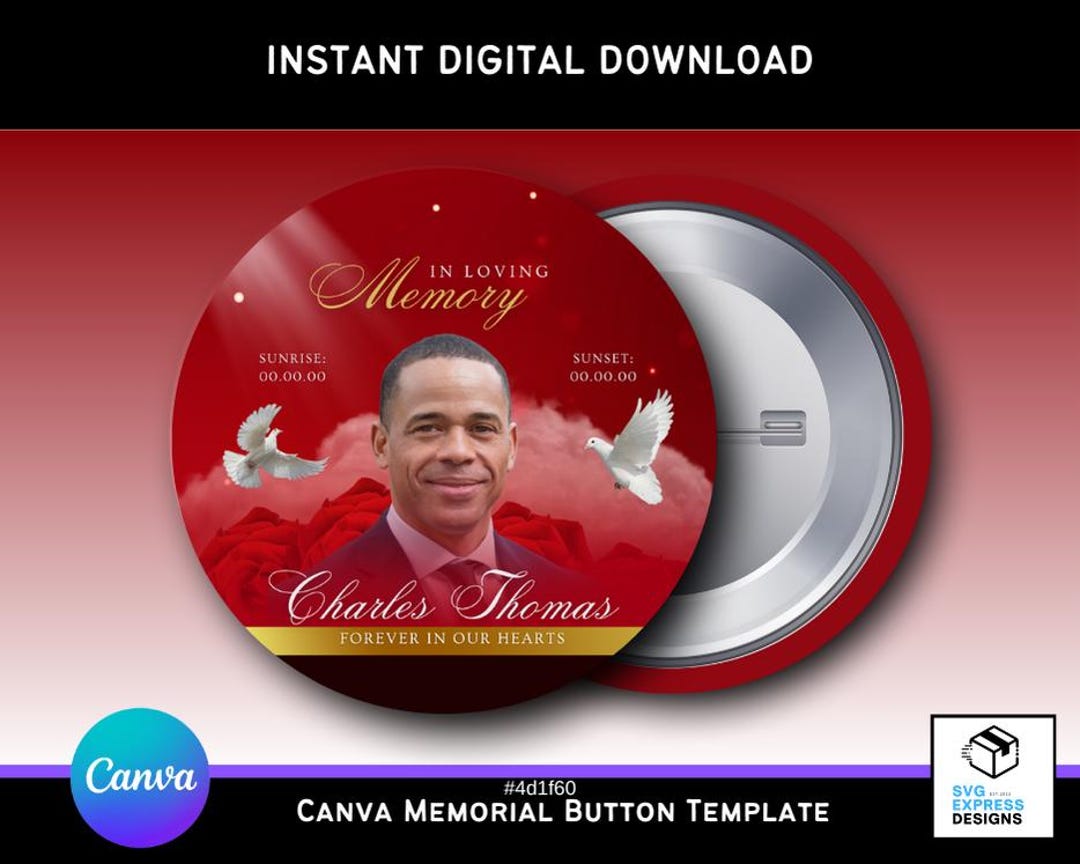 Editable Red & Black Memorial Button Template | Canva RIP Keepsake ...