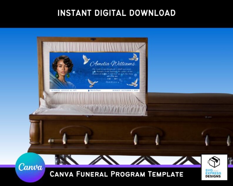 Deep Blue Cloud Funeral Casket Panel Canva Template | 31x14 in Editable ...