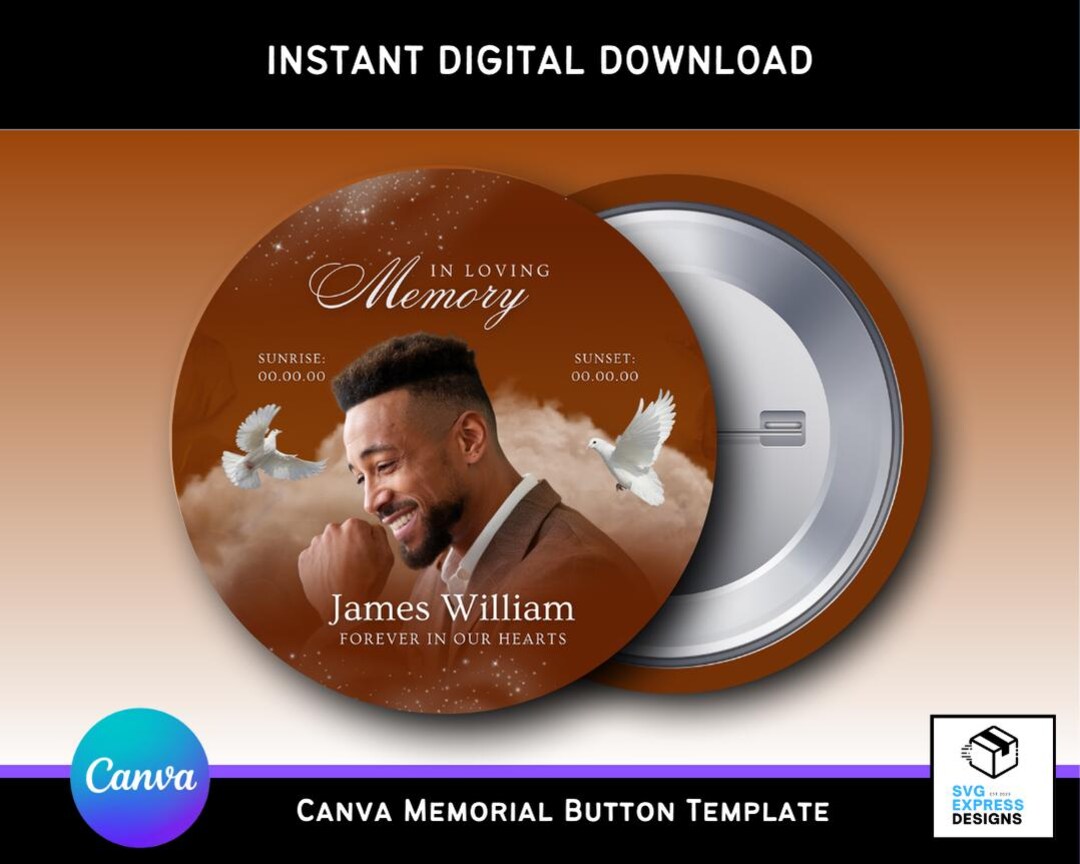 Editable Brownish-orange Memorial Button Template | Canva RIP Keepsake ...