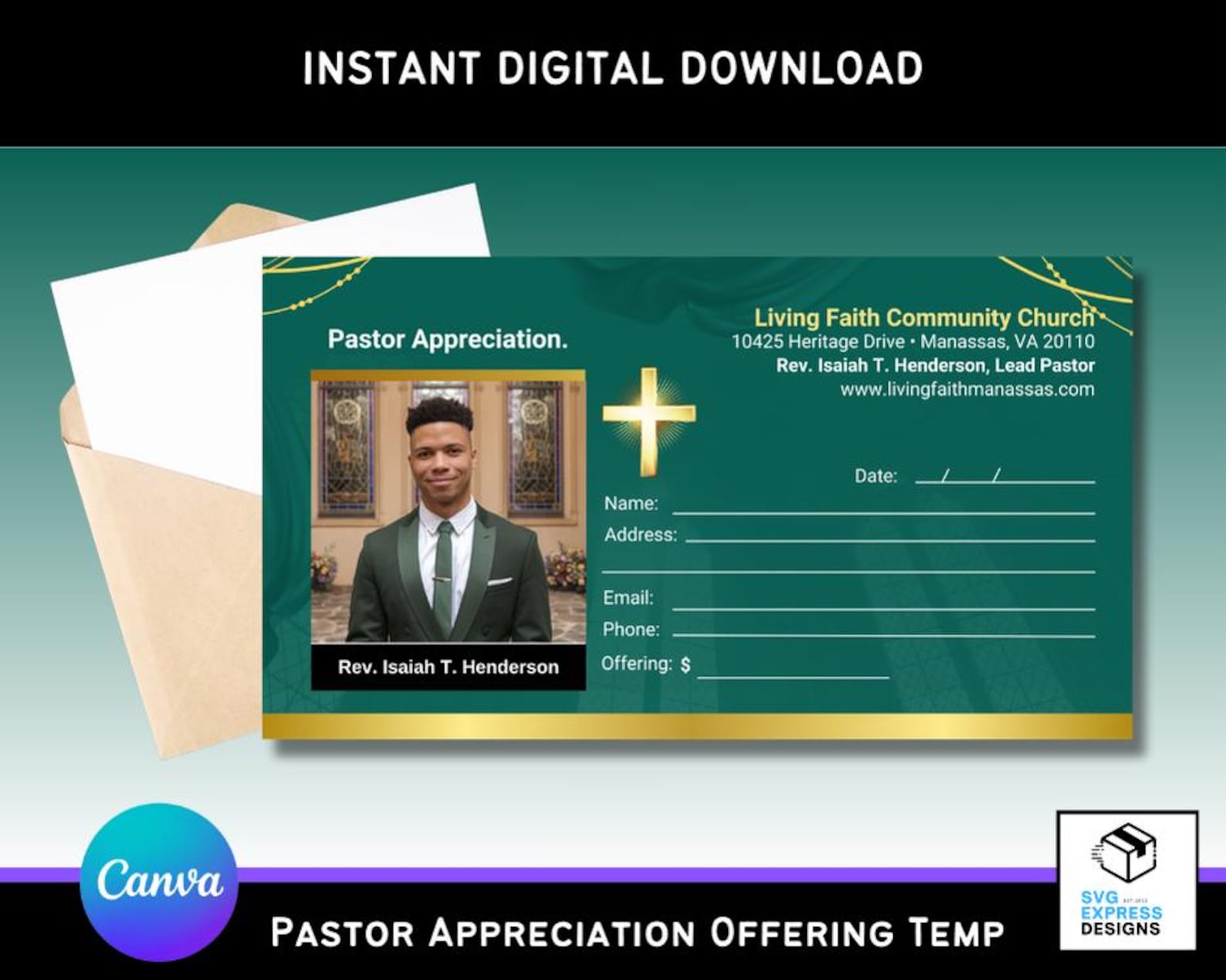 Green and Gold Pastor Appreciation Offering Envelopes Template | Canva ...