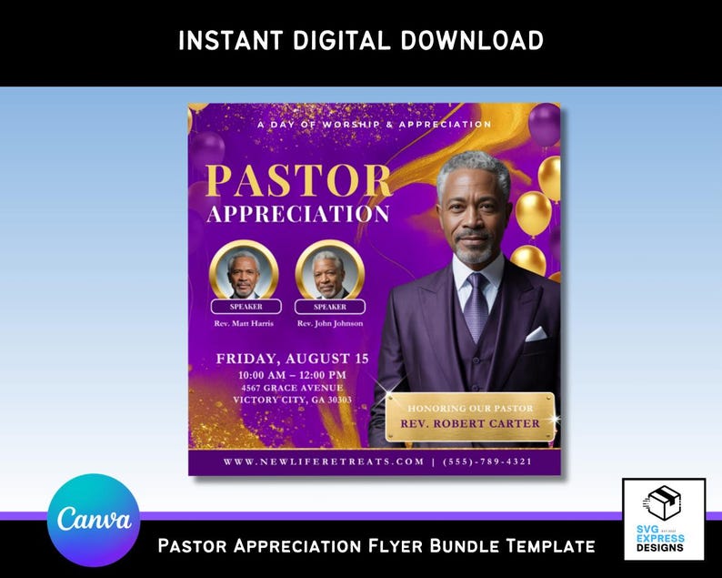 Elegant Pastor Appreciation Flyer Bundle: Editable Church Program Canva ...