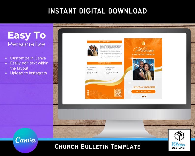 Editable Church Bulletin Template: Modern Orange Bifold Program (canva ...