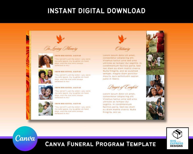 Canva Funeral Program Template | Orange & White Flowers Bi-fold ...