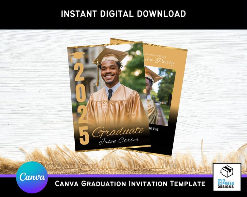 Gold & Black Graduation Invitation Template 2025: 5x7 Canva Card ...