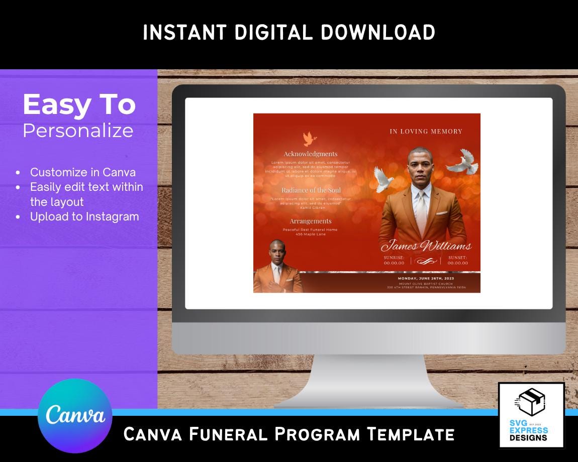 Burnt Orange Dove Funeral Program Template: Elegant Bi-fold Brochure ...