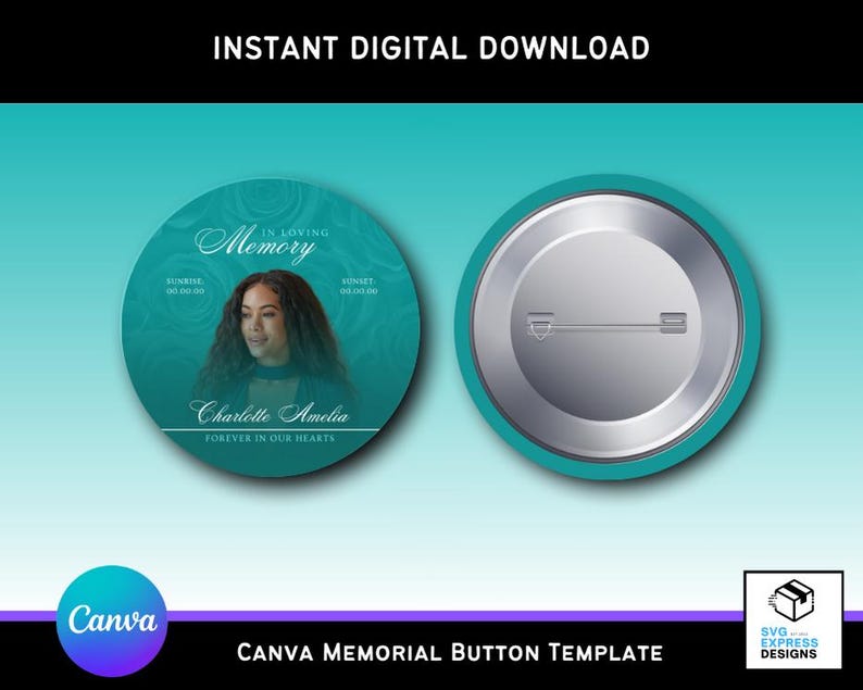 Editable Teal Green Memorial Button Template | Canva RIP Keepsake | 3x3 ...