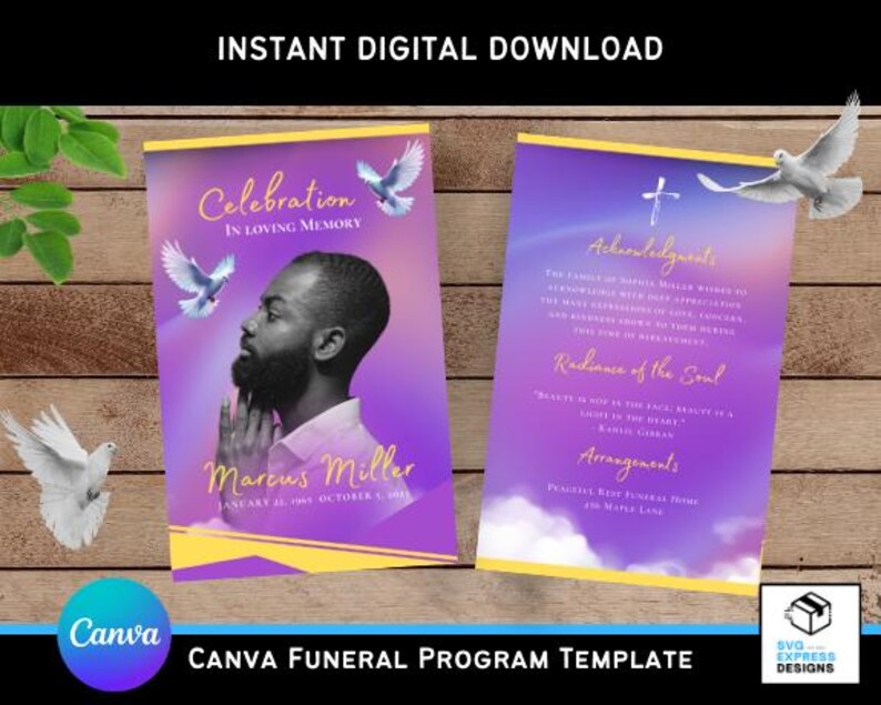 Editable Canva Funeral Program Template - Classic Purple & Gold Clouds ...