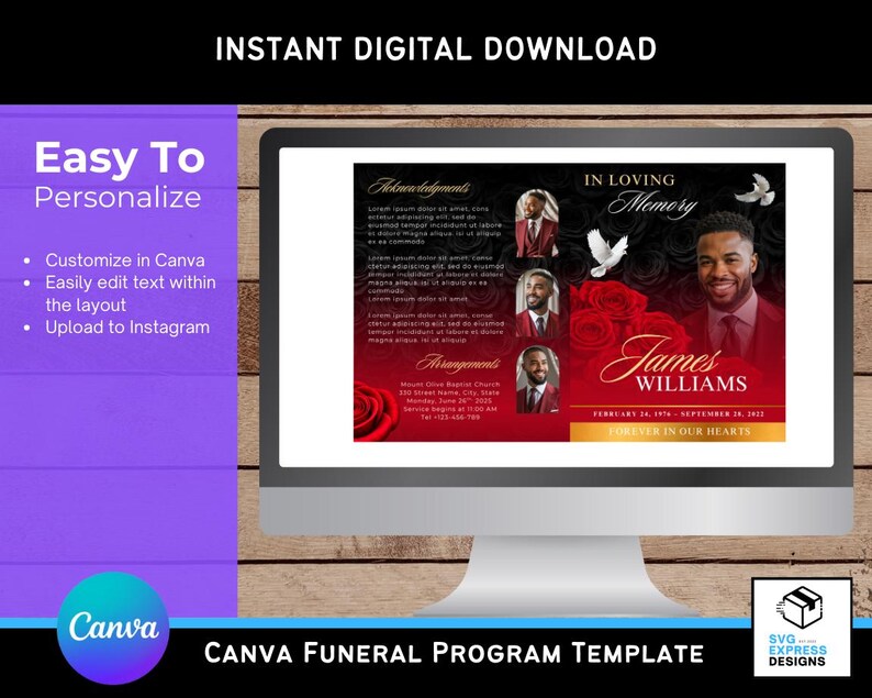 Crimson & Gold Roses Canva Funeral Program Template – Elegant Bi-fold ...
