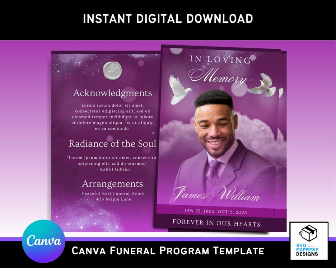 Dark Purple Canva Funeral Program Template – Elegant Bi-fold Brochure ...