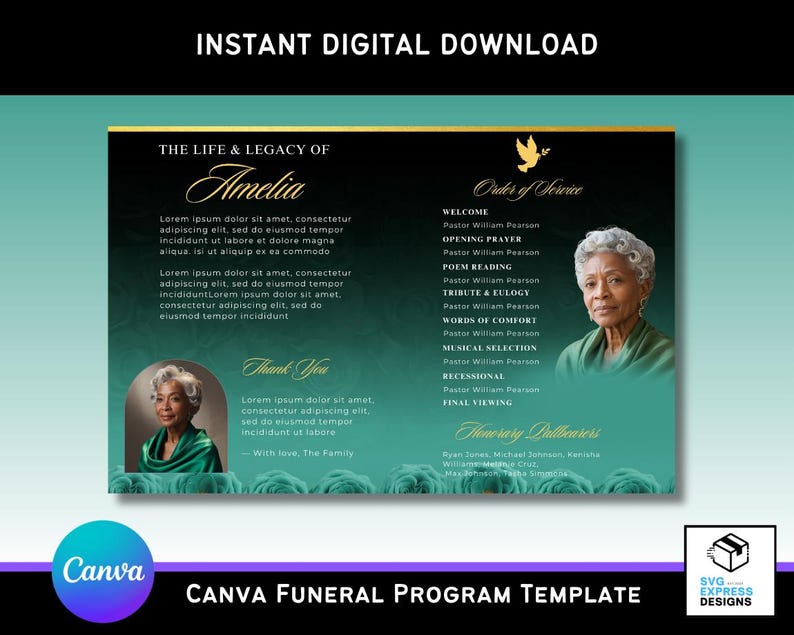 Black and Green Canva Funeral Program Template – Elegant Bi-fold ...