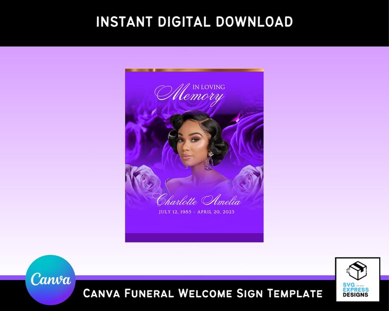Violet Purple Roses Funeral Welcome Sign Template for Canva – Elegant ...