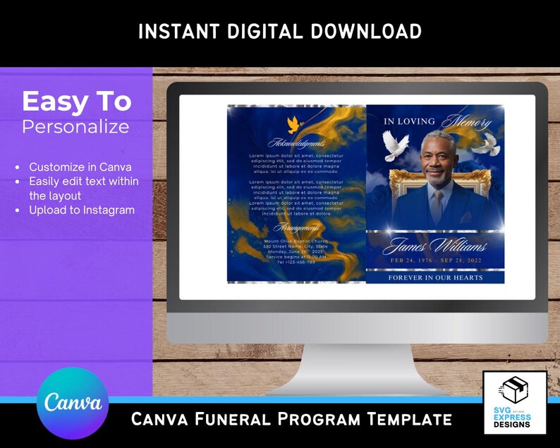 Elegant Funeral Program Template: Royal Blue & Gold Doves (canva, 17x11 ...