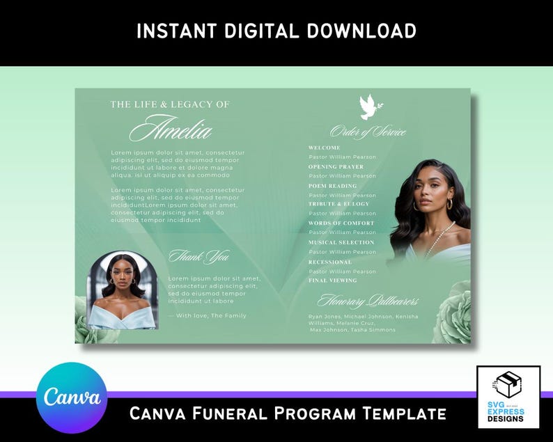 Light Green Canva Funeral Program Template – Elegant Bi-fold Brochure ...