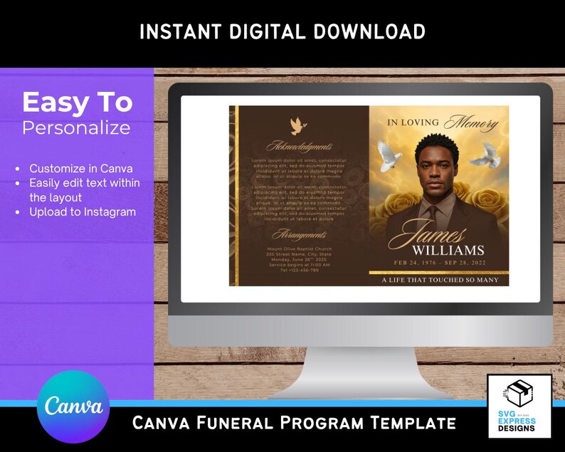 Elegant Brown Rose Funeral Program Template: Bi-fold Brochure (canva ...