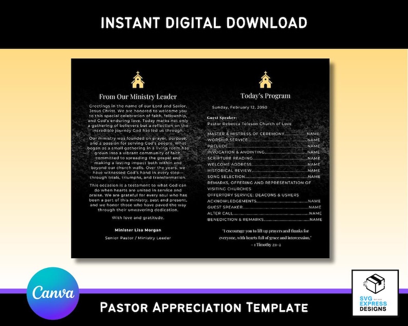 Black and Gold Pastor Appreciation Program Template: Editable Church ...