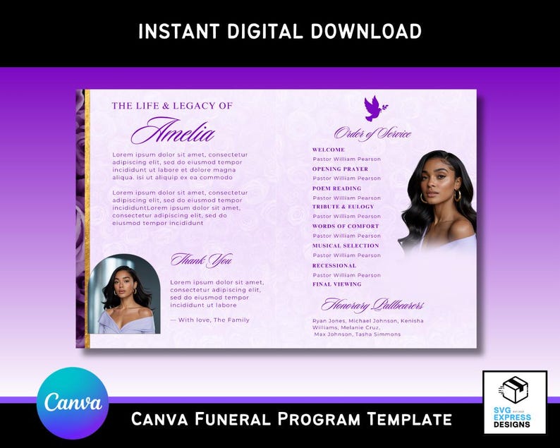 Elegant Funeral Program Template: Light Purple Flowers, Doves (17x11 In ...