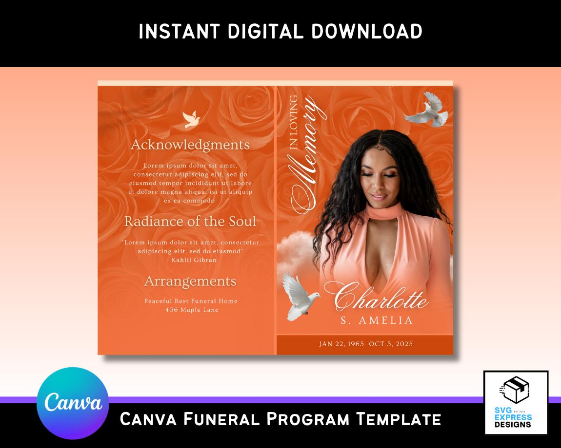 Bright Peach Canva Funeral Program Template – Elegant Bi-fold Brochure ...