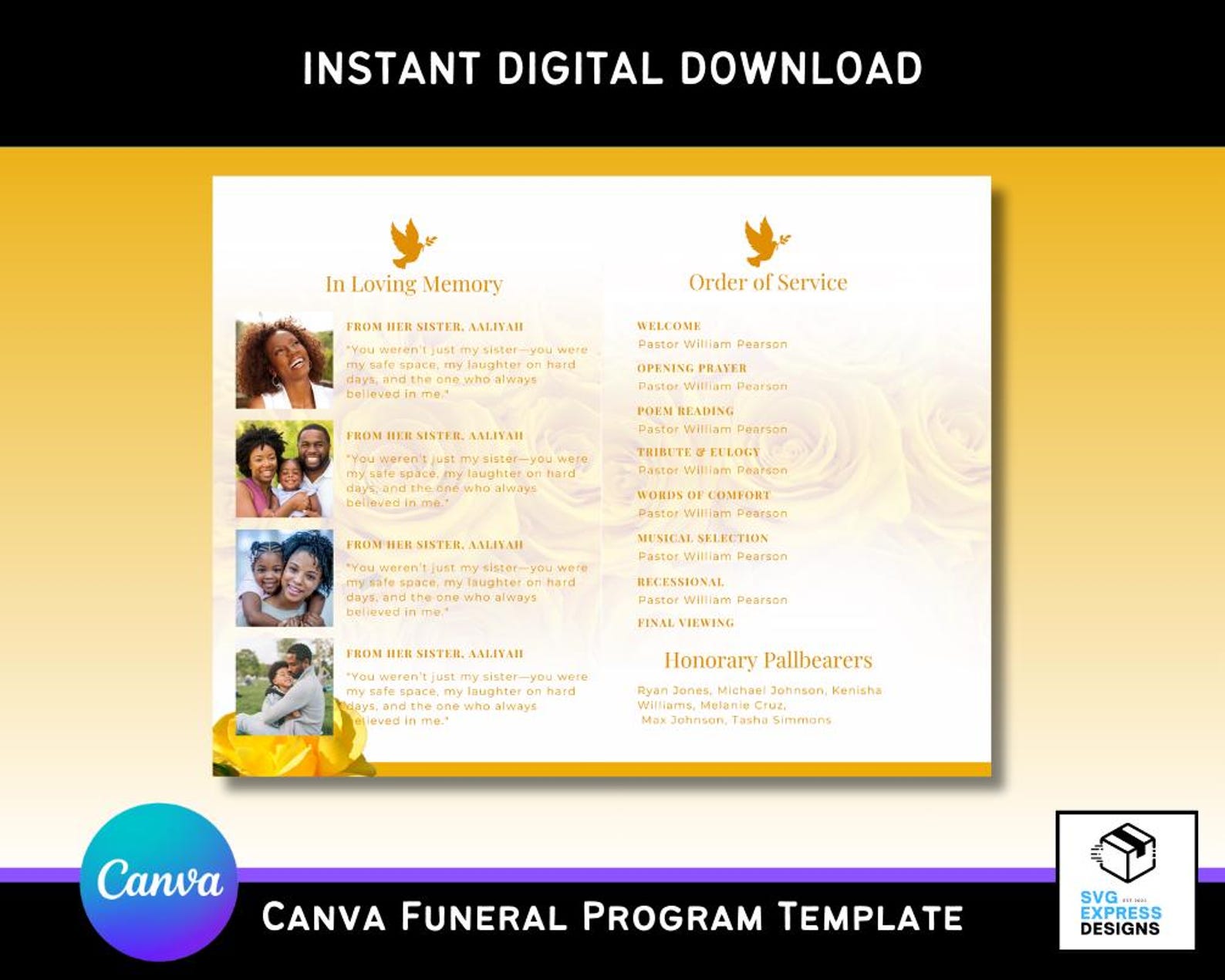 Yellow Roses Canva Funeral Program Template – Elegant Bi-fold Brochure ...