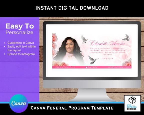 Pink Roses Funeral Casket Panel Canva Template | 31x14 in Editable ...