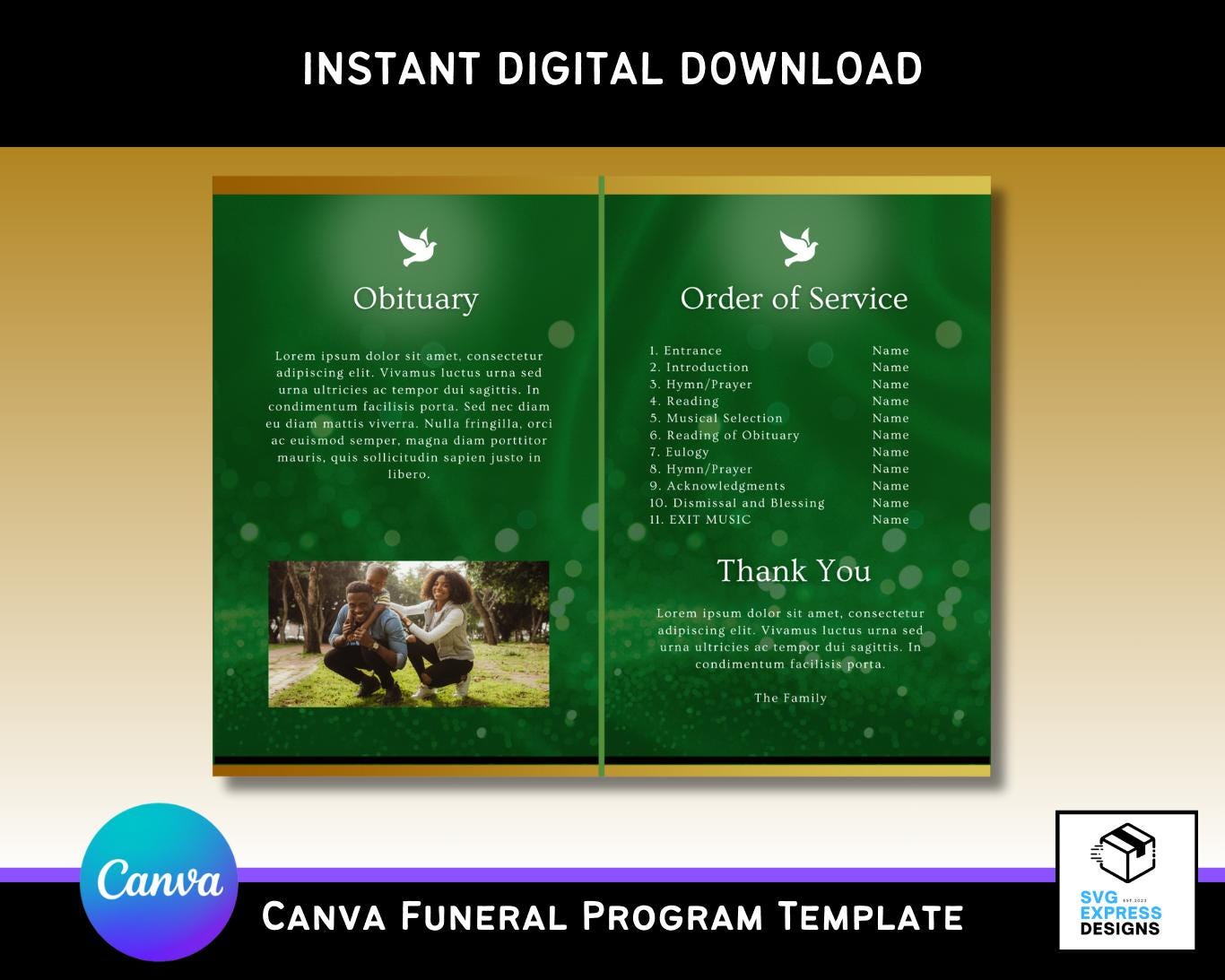 Emerald Green Canva Funeral Program Template - Classic Green Roses Bi ...