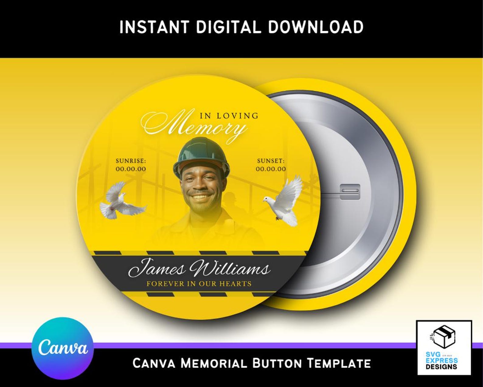 Editable Construction Worker Memorial Button Template | Canva RIP ...