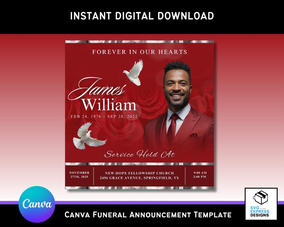 Red Canva Funeral Announcement & Invitation | Digital Memorial Flyer ...