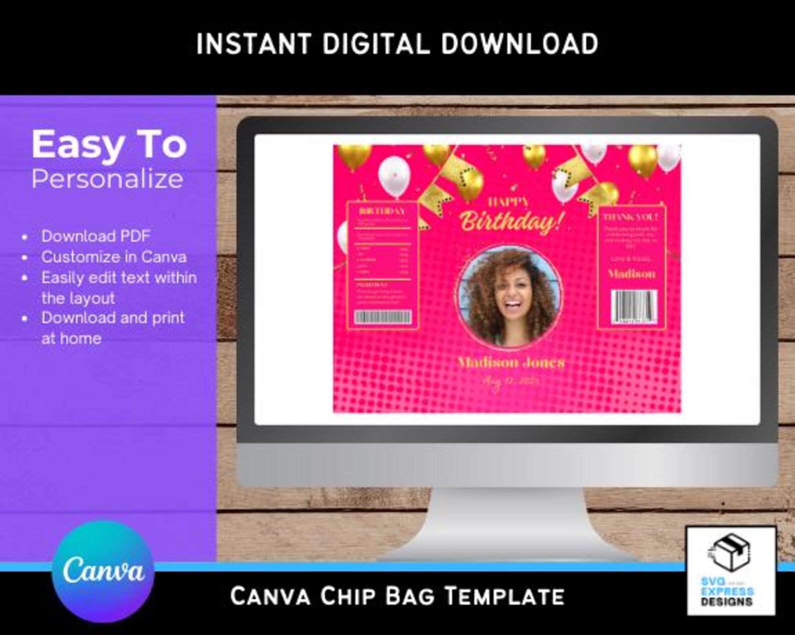 Hot Pink Chip Bag Template, Party Decorations With White and Gold ...