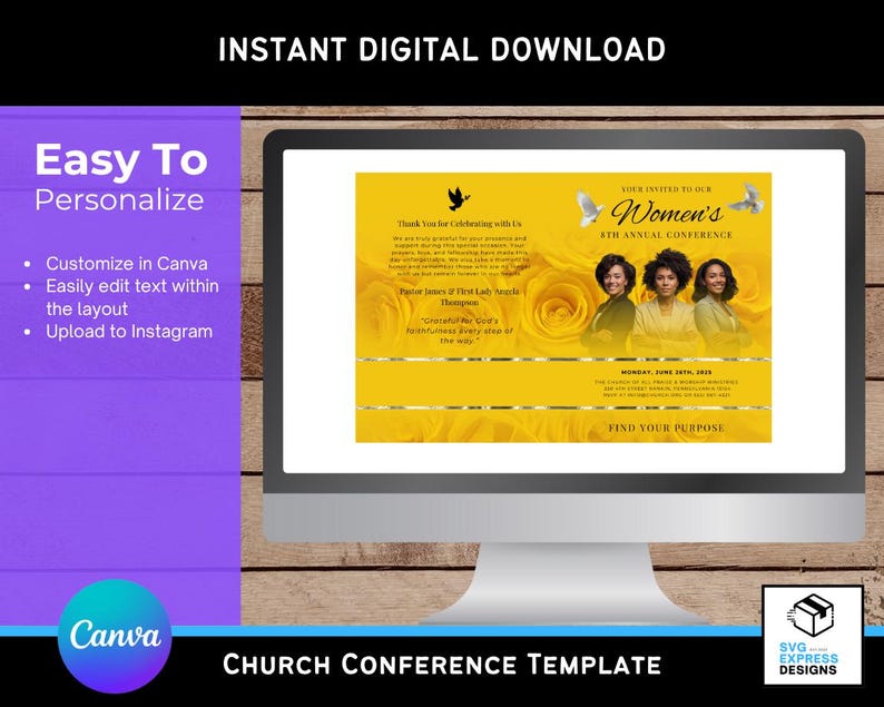 Yellow Rose Church Conference Program Template: Editable Canva Bi-fold ...