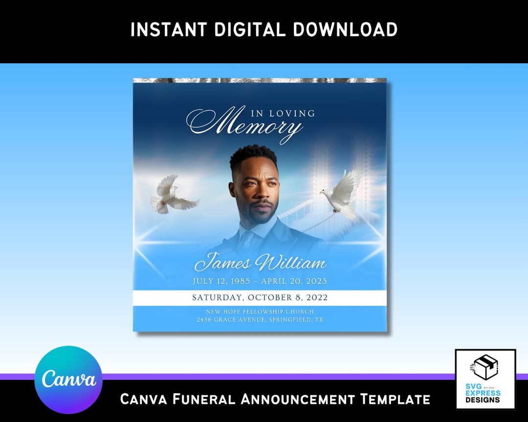 Sky Blue Funeral Announcement & Invitation: Stairway to Heaven Canva ...