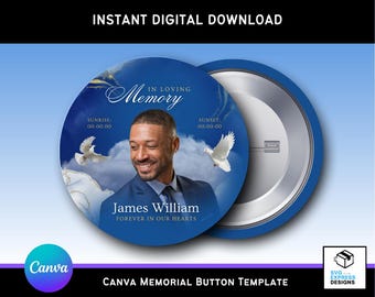 Editable Red Roses Memorial Button Template | Canva RIP Keepsake | 3x3 ...
